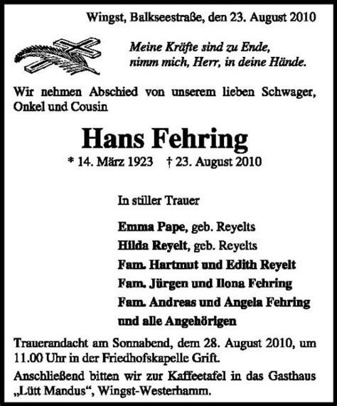Hans Fehring Traueranzeige Cuxhavener Nachrichten