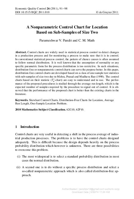 Pdf A Nonparametric Control Chart For Location Based On Sub Samples Of Size Two