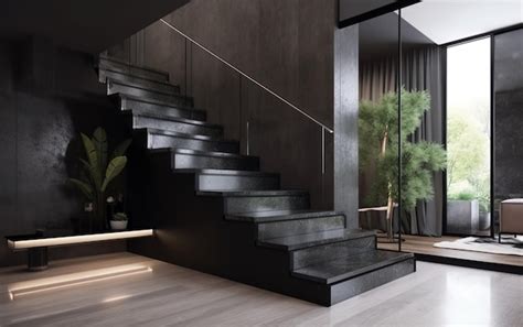 Premium Photo A Black Staircase With A Metal Handrail And A Plant In The Corner