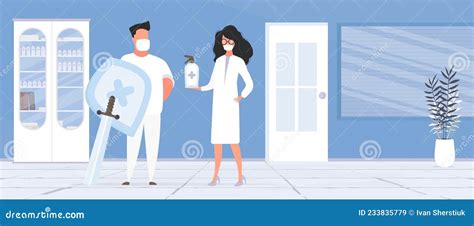 Man And Girl Doctor Medics In Medical Masks Spray Bottle Medical