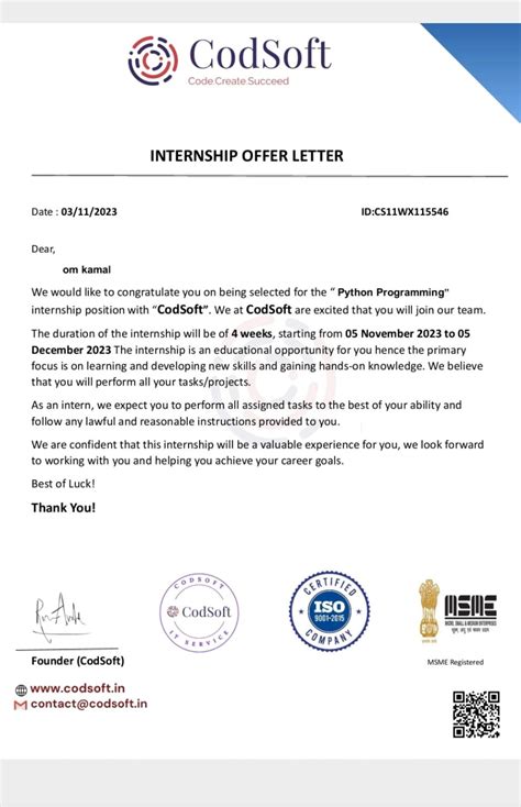 got an internship from codsoft for python programming om kamal posted on the topic linkedin
