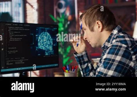 Admin Uses Computer For Artificial Intelligence Computing Simulation Waiting For Code To Finish