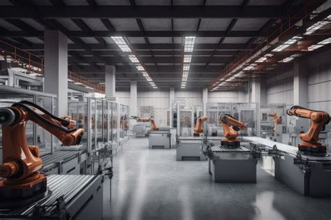Industrial Warehouse With Robots Working In Unison To Sort And Pack Products Stock Image