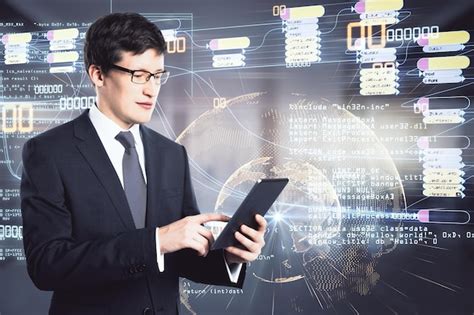 Premium Photo Man With Digital Tablet In Hand On The Background Of Abstract Programming