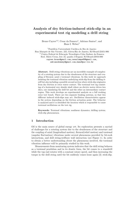 Pdf Analysis Of Dry Friction Induced Stick Slip In An Experimental Test Rig Modeling A Drill