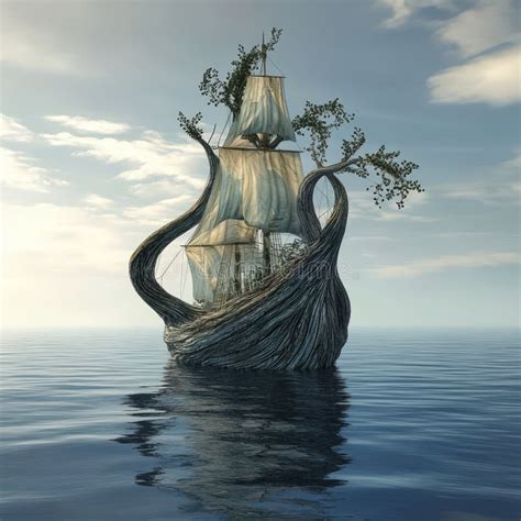 A Fantastical Ship With Tree Like Sails Floating On Calm Waters Stock