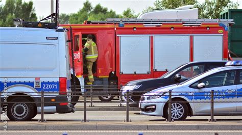 Police And Fire Brigade At The Scene Rescue Vehicles On The Site Of A