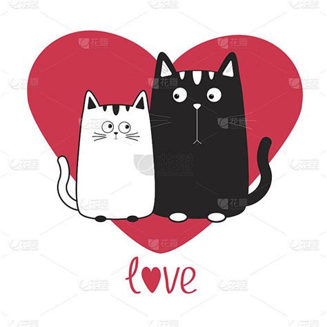 可爱的卡通黑白猫家庭。大红色的心。