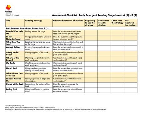 Assessment Checklists Flying Start To Literacy