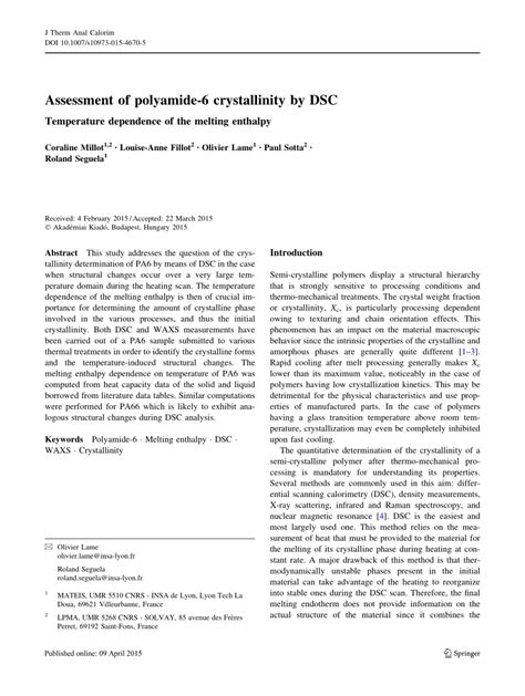 Pdf Assessment Of Polyamide 6 Crystallinity By Dsc Temperature