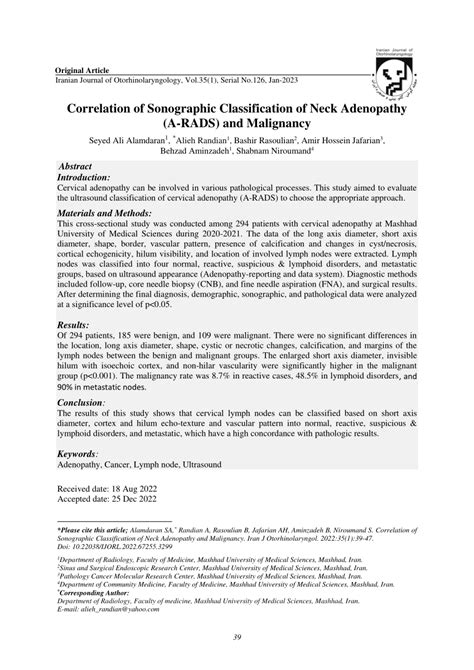 Pdf Correlation Of Sonographic Classification Of Neck Adenopathy A Rads And Malignancy