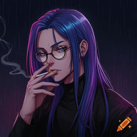Anime Adult Male With Glasses Long Blue And Purple Hair Smoking In The