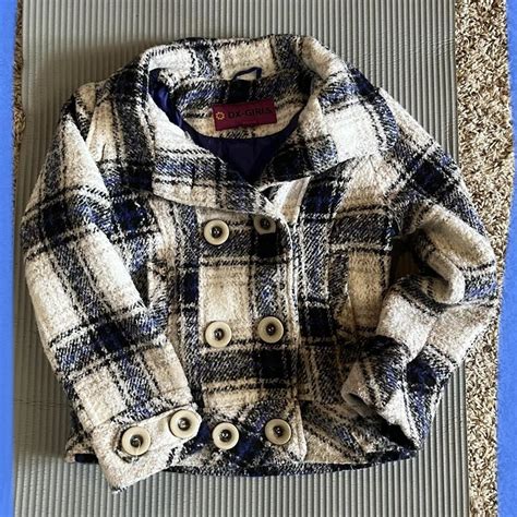 Vintage Dx~girls Plaid Pea Coat In Size Girls 14 Depop