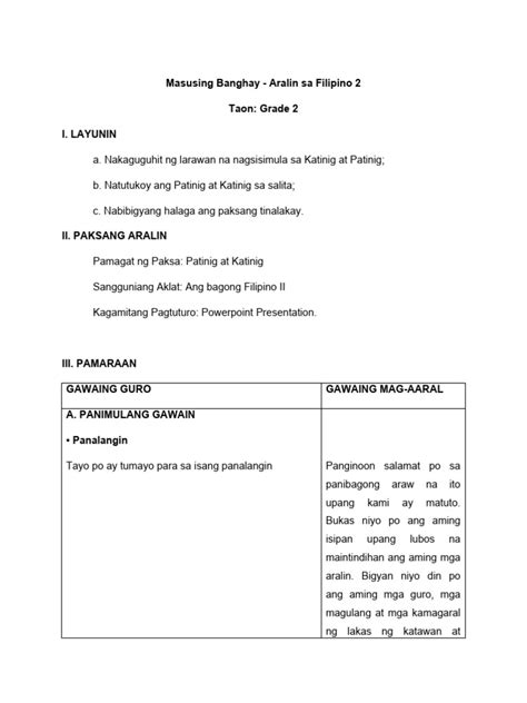 Patinig Katinig Banghay Aralin Patinig At Katinig Pdf