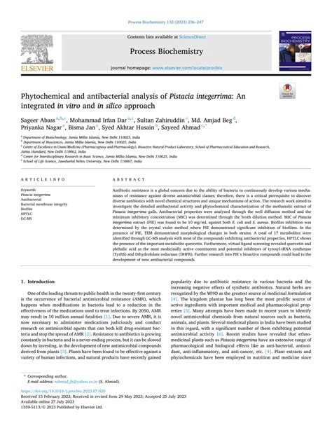 Pdf Phytochemical And Antibacterial Analysis Of Pistacia Integerrima An Integrated In Vitro