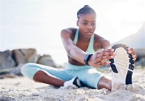 Beach Stretching Legs And Woman On Floor For Morning Exercise