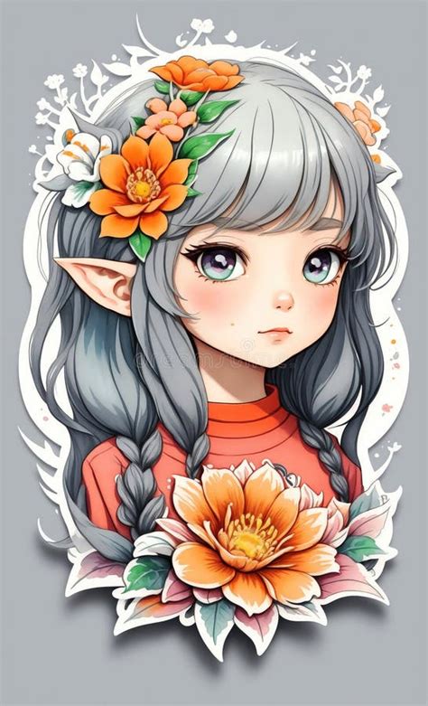 Girl With Flowers On Her Head Anime Style Girl Theme Image Stock
