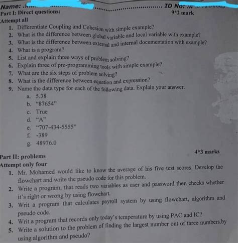 Solved Name ID NO Part I Direct Chegg Com