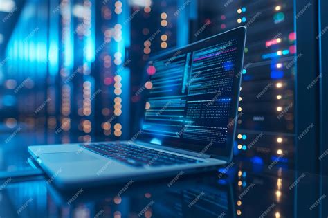 computer engineer working on laptop computer with server room data center big data storage as