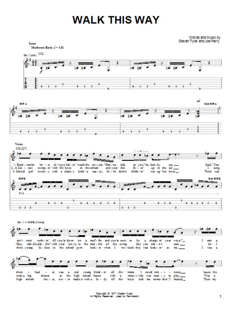 Walk This Way By Aerosmith Sheet Music For Easy Guitar Tab At Sheet
