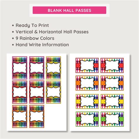 Printable Rainbow Crayon Hall Passes Editable Classroom Hall Passes For Lanyard Middle School