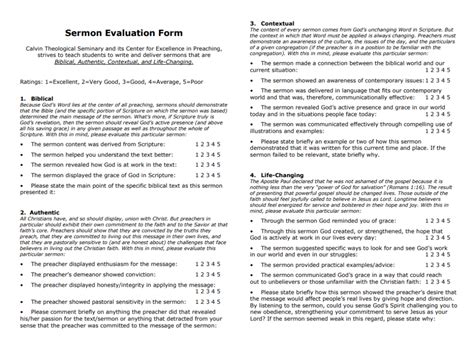 Sermon Evaluation Forms Center For Excellence In Preaching