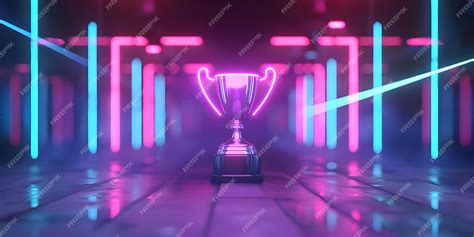 Bright Neonlit Esports Arena With Trophy At Center Stage For Gaming