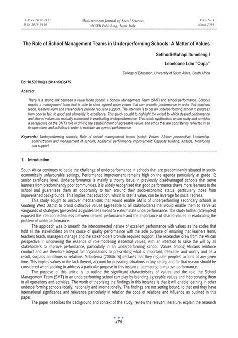 Pdf The Role Of School Management Teams In Underperforming Schools A