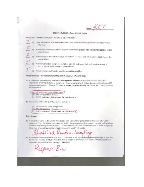 Exam With Solution Key Introduction To Statistical Reasoning Sta