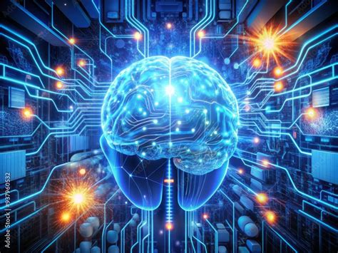 Futuristic robotic brain with glowing blue circuits and wires, surrounded by screens displaying ...