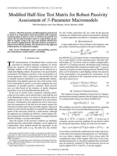 Pdf Modified Half Size Test Matrix For Robust Passivity Assessment Of S Parameter Macromodels
