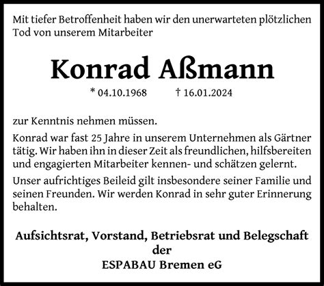 Traueranzeigen Von Konrad Aßmann Trauer And Gedenken