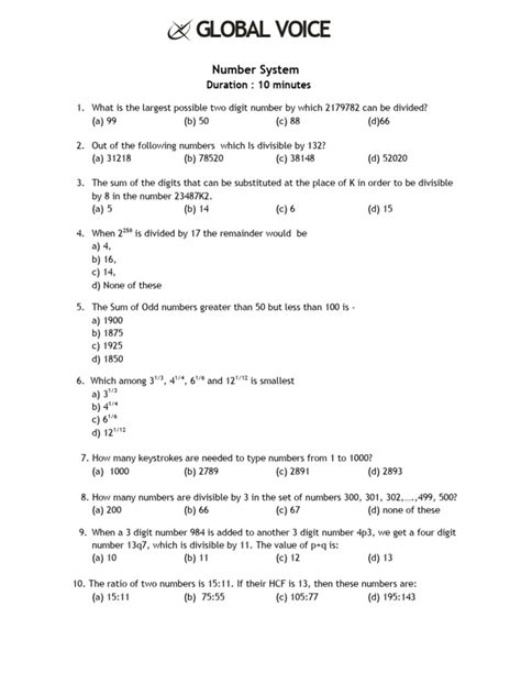 Number System Test 1 2179782 Pdf