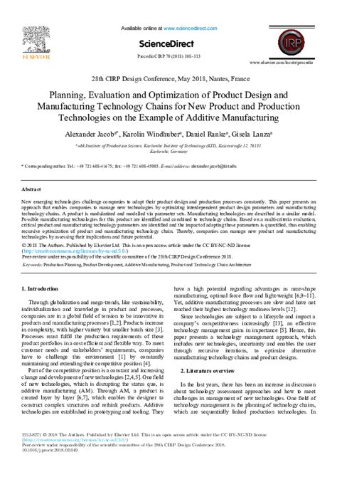 Pdf Planning Evaluation And Optimization Of Product Design And Manufacturing Technology