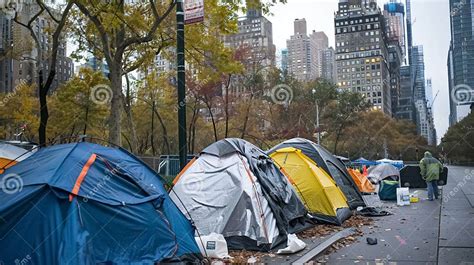 Homeless Tents Line In Bustling American City Highlighting