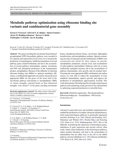 Pdf Metabolic Pathway Optimization Using Ribosome Binding Site