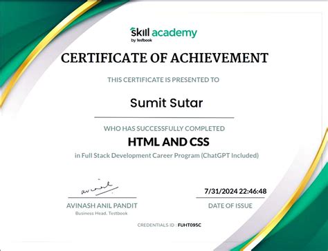 Certified In Html And Css By Skill Academy Sumit Sutar Posted On The