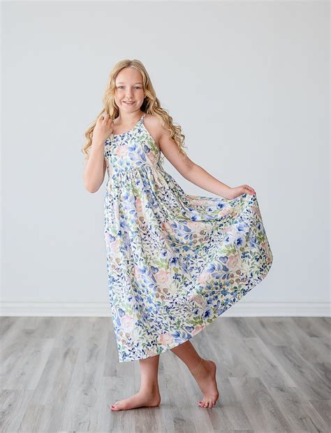 Girls Maxi Or Midi Dress Girls Soft Indigo Blue Pink Floral Dress