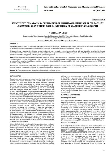 Pdf Identification And Characterization Of Antifungal Chitinase From Bacillus Subtilis Jd 09