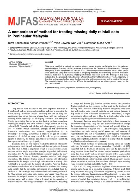 Pdf A Comparison Of Method For Treating Missing Daily Rainfall Data