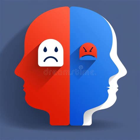 Man And Woman Head Split In Two Colors With Opposite Emotions Stock