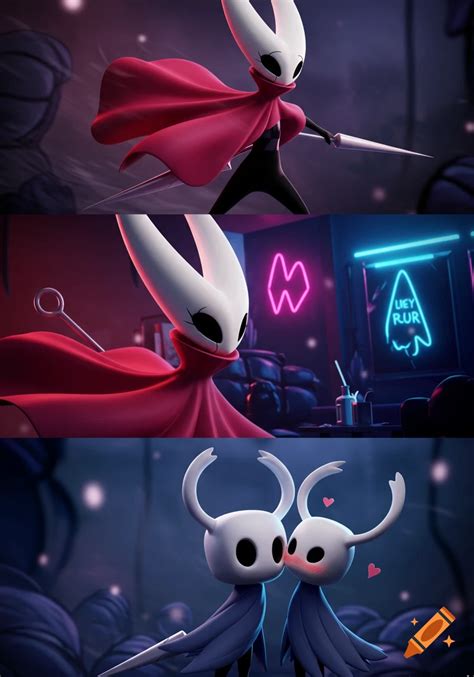 Three Panels Depicting Hollow Knight Characters Hornet With Her Weapon