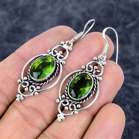 Handmade 925 Sterling Silver Peridot Earrings Long Drop Oval Shape