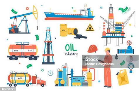 석유 산업 개념 고립 된 요소 세트 석유 채굴 및 가스 휘발유 근로자 탱크 또는 선박 파이프라인에서 연료 운송의 생산 번들 플랫 만화 디자인의 벡터 일러스트레이션 정제소에