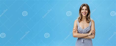 Happy Charismatic Adult European Woman With Cute Gap Teeth Smiling Broadly Crossing Hands