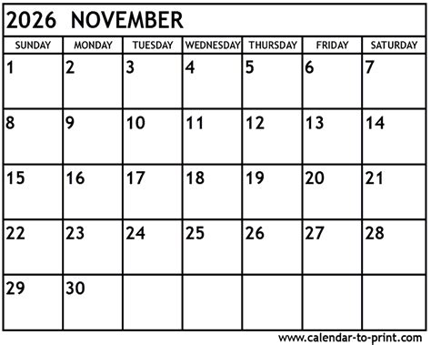 November 2026 Calendar With Holidays