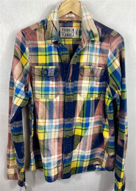 Vintage Royal Blue Yellow Green And Pink Flannel Size Small Franklin Flannels