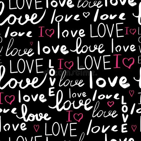 Text Love Script Cute Doodle Hand Drawn Seamless Pattern On Black