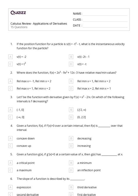 50 derivatives of integral functions worksheets for 11th class on