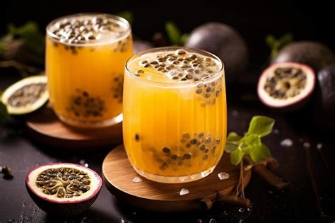 Tangy Passionfruit Juice With Seeds Tropical Tasty Juice Drink Premium Ai Generated Image